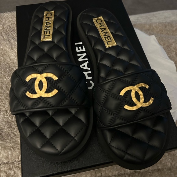 CHANEL | Shoes | Chanel Black And Gold Quilted Slides | Poshmark